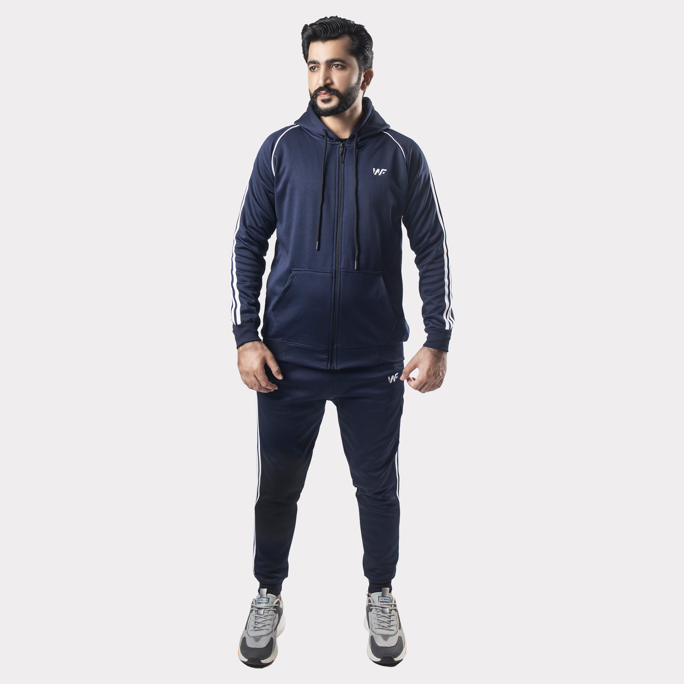Navy Blue Tracksuit With Three White Stripes – Wear To Fit